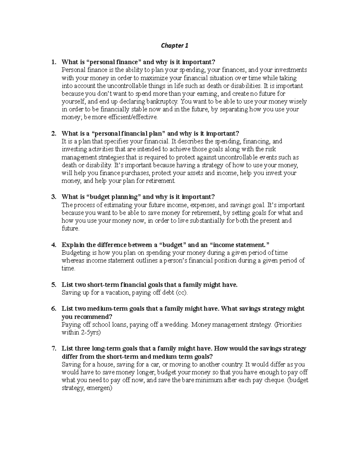 Chapter 1 - Financial Planning Answers BFPL 1001 - Chapter 1 1. What is ...