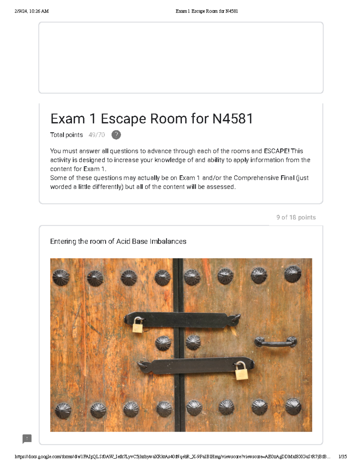 Exam 1 Escape Room for N4581 - docs.google/forms/d/e/ 1 FAIpQLSf 0 AW ...