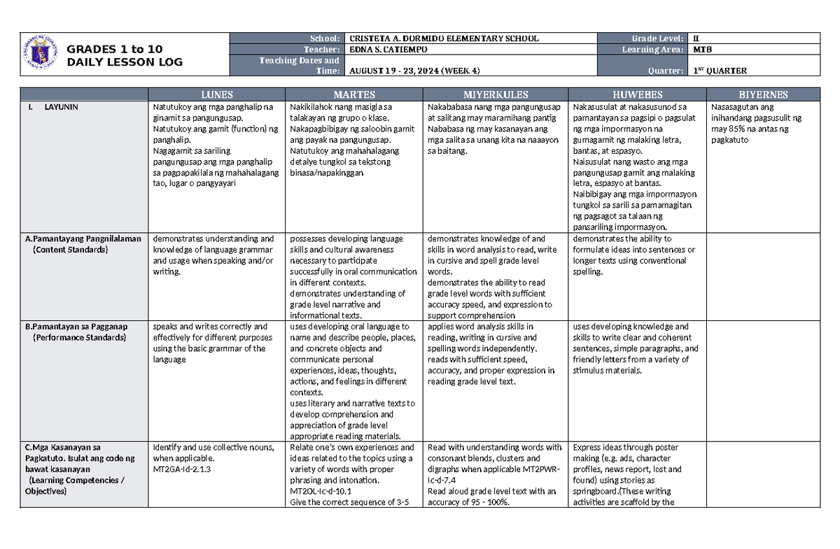 DLL MTB 2 Q1 W4 - good - GRADES 1 to 10 DAILY LESSON LOG School ...