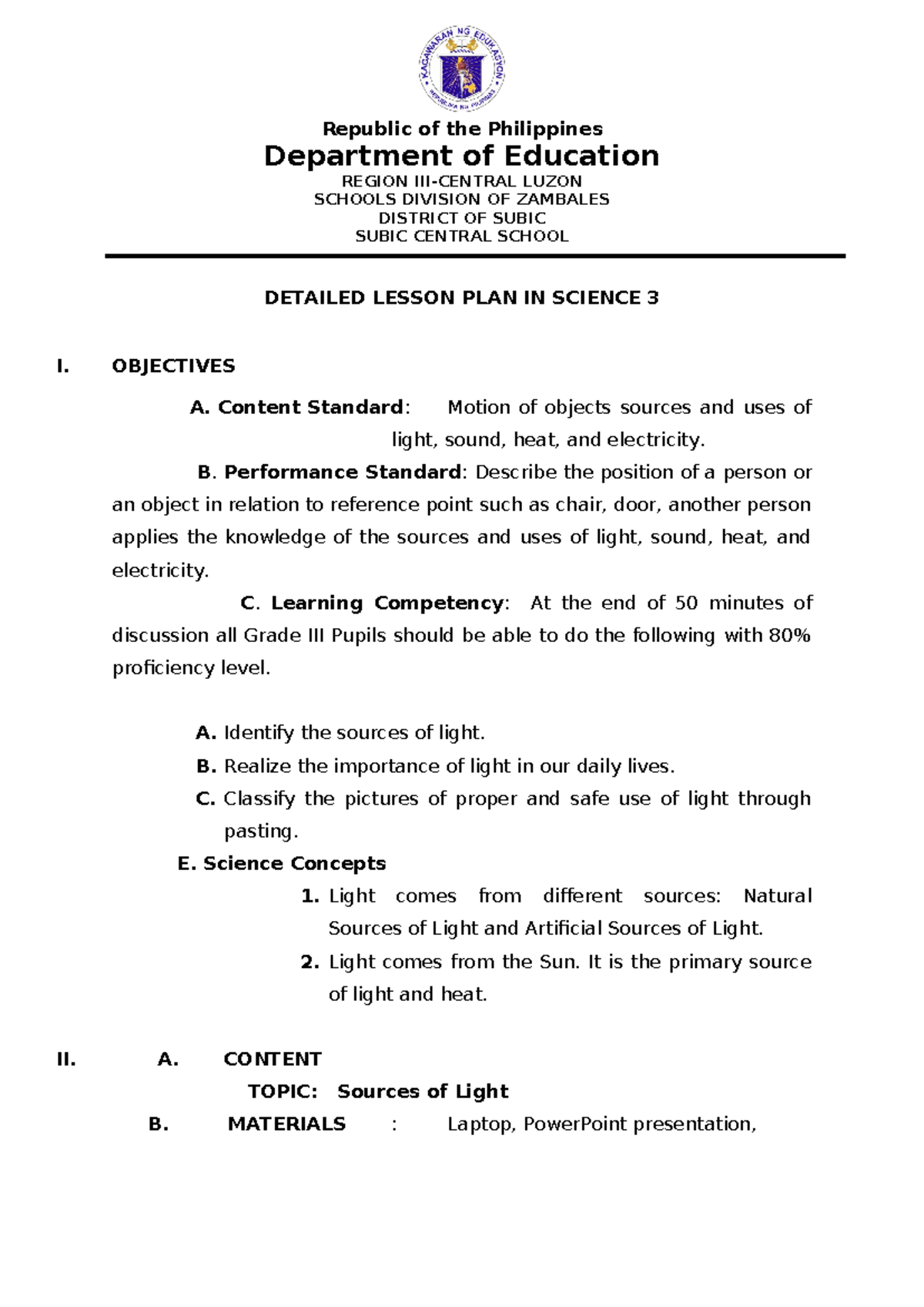 DEMO-Science 3 Sources of Light - Department of Education REGION III ...