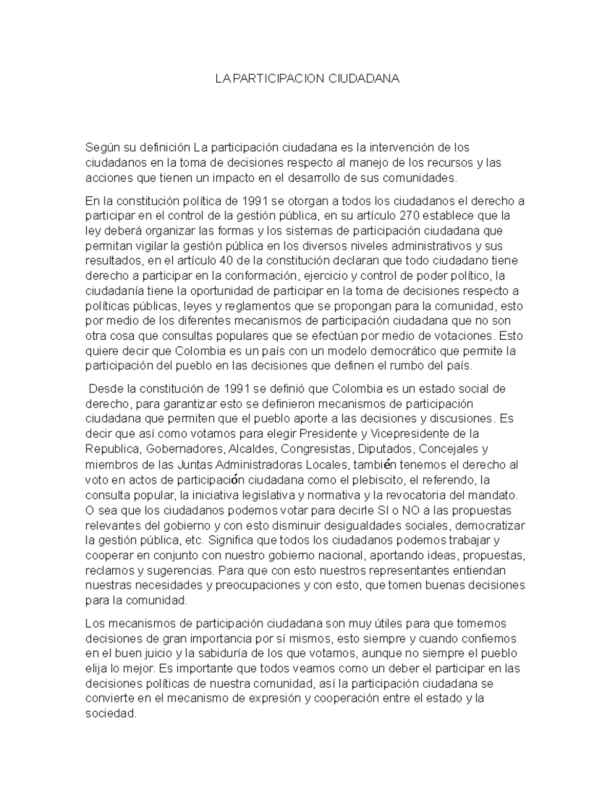 LA Participacion Ciudadana - LA PARTICIPACION CIUDADANA Según su ...