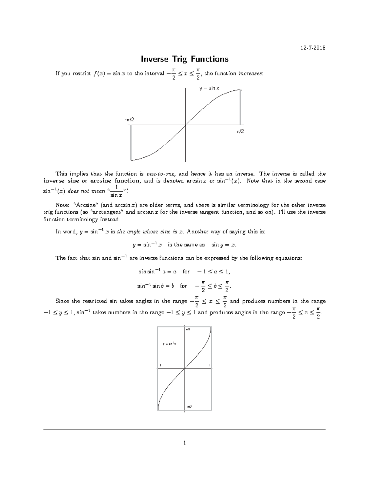 Inverse trig functions Notes 12 7 Inverse Trig Functions If You