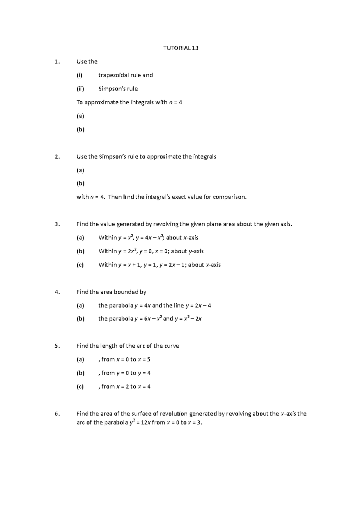 Tutorial 13 - TUTORIAL 13 Use the (i) trapezoidal rule and (ii) Simpson ...