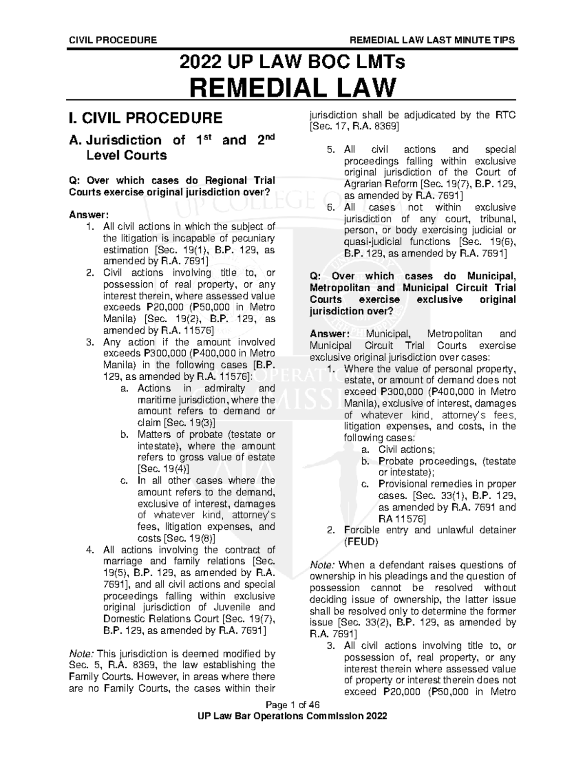 6 2022 UP Law BOC Remedial Law LMTs - CIVIL PROCEDURE REMEDIAL LAW LAST ...