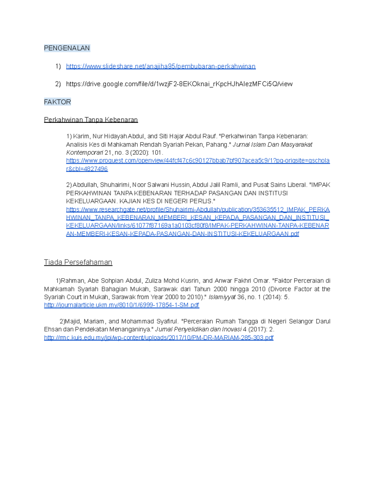 ISU Penceraian - PENGENALAN 1) slideshare/anajiha95/pembubaran-perkahwinan 2) - StuDocu
