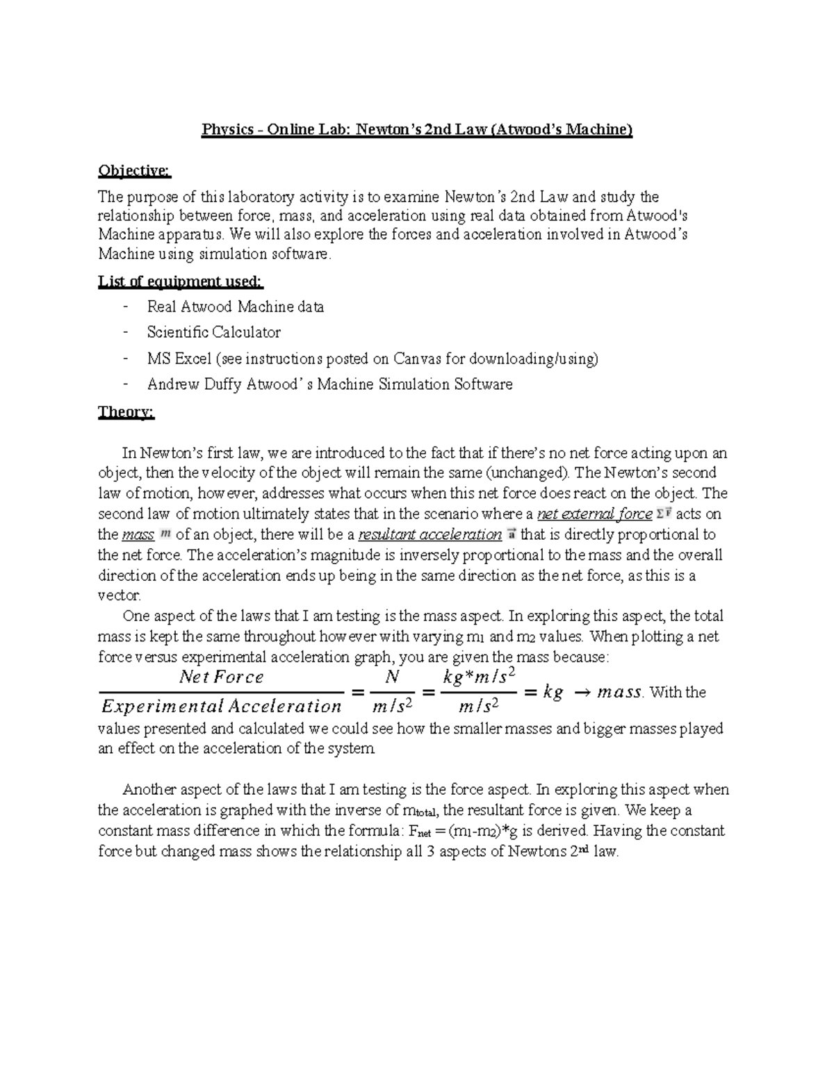 Lab #4 - Atwoods Machine - phys101 - Physics - Online Lab: Newton’s 2nd ...