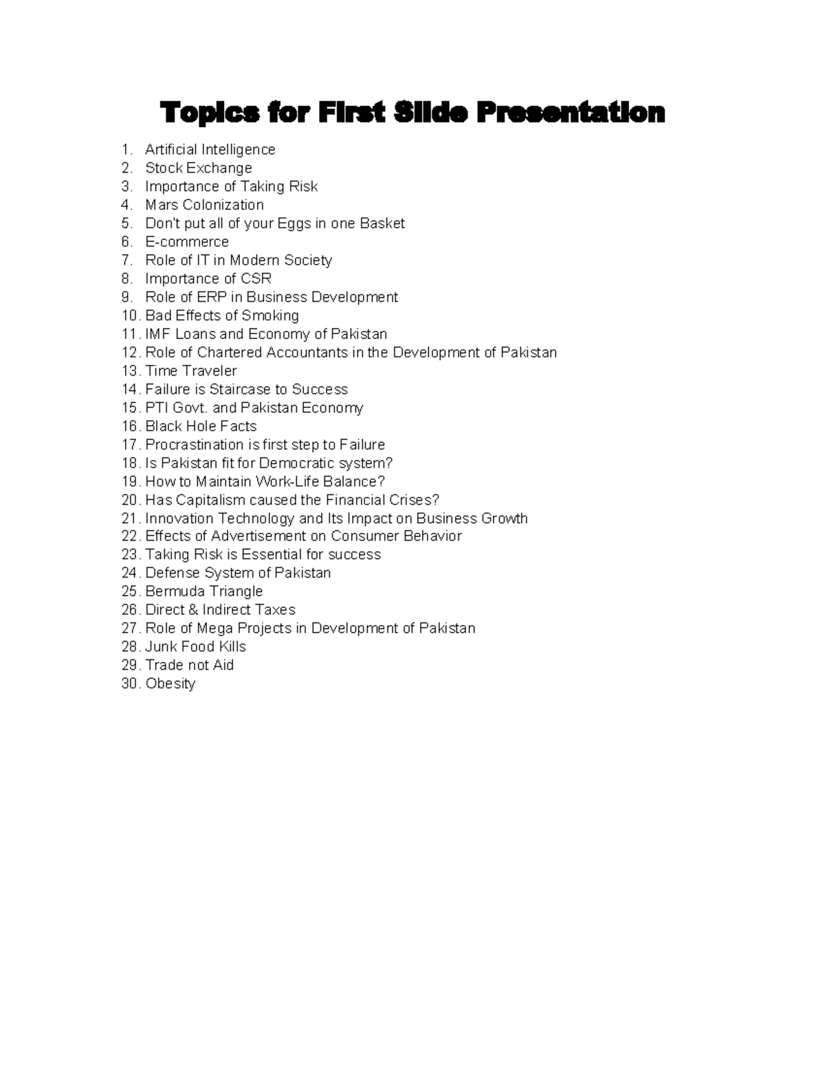 Presentations - Topics for First Slide Presentation 1. Artificial ...