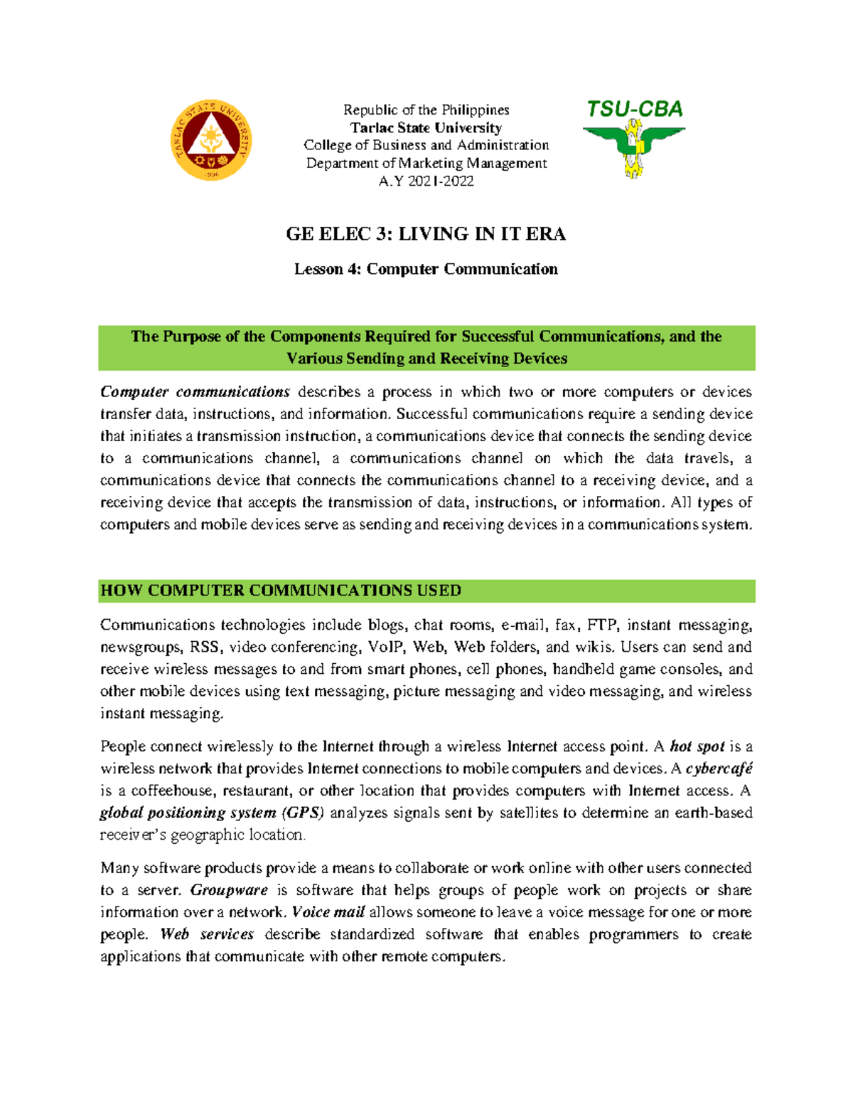 L4-Computer-Communication - Republic of the Philippines Tarlac State ...