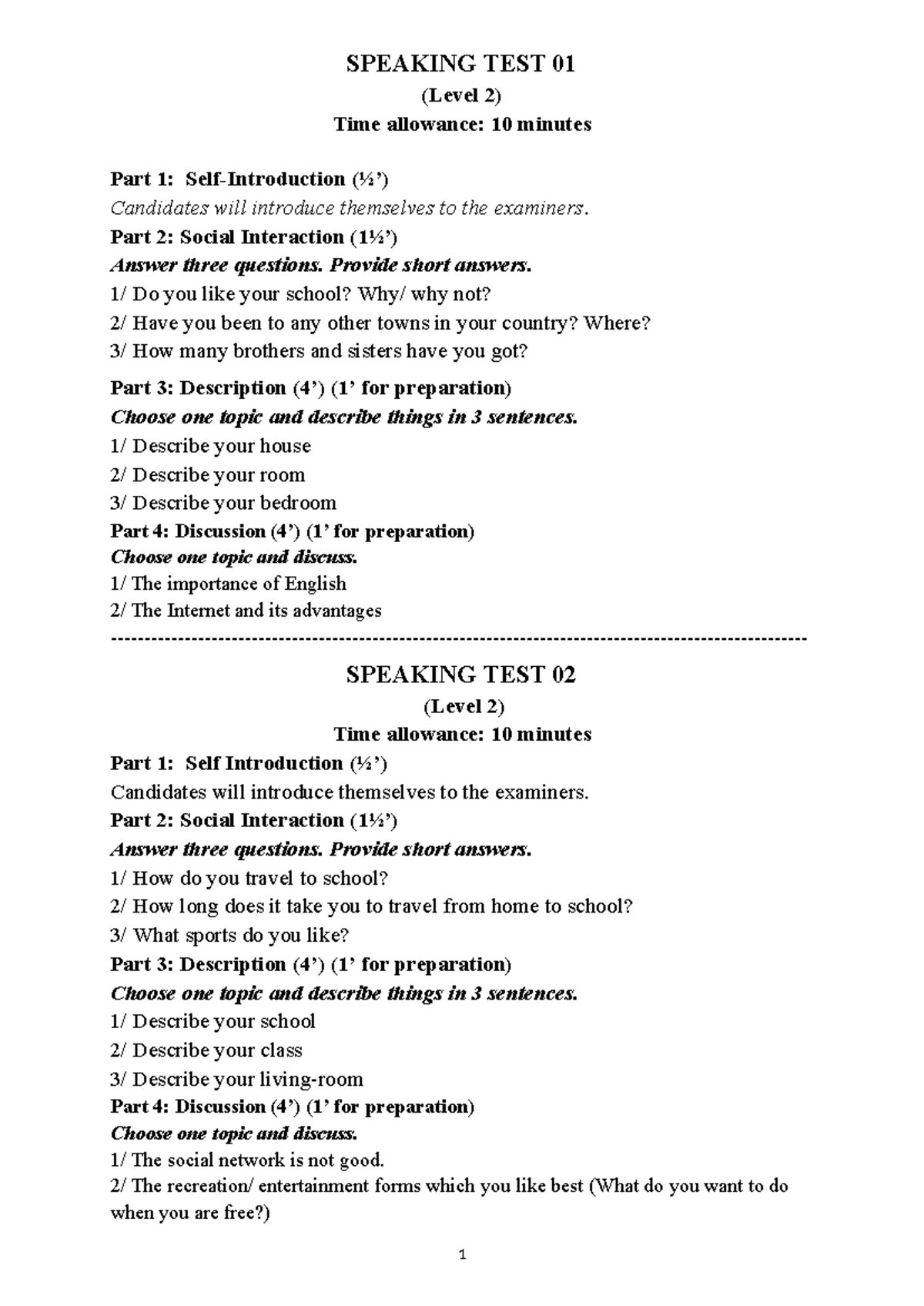 DE THI Speaking A2-FLIC-1 - SPEAKING TEST 01 (Level 2) Time allowance ...