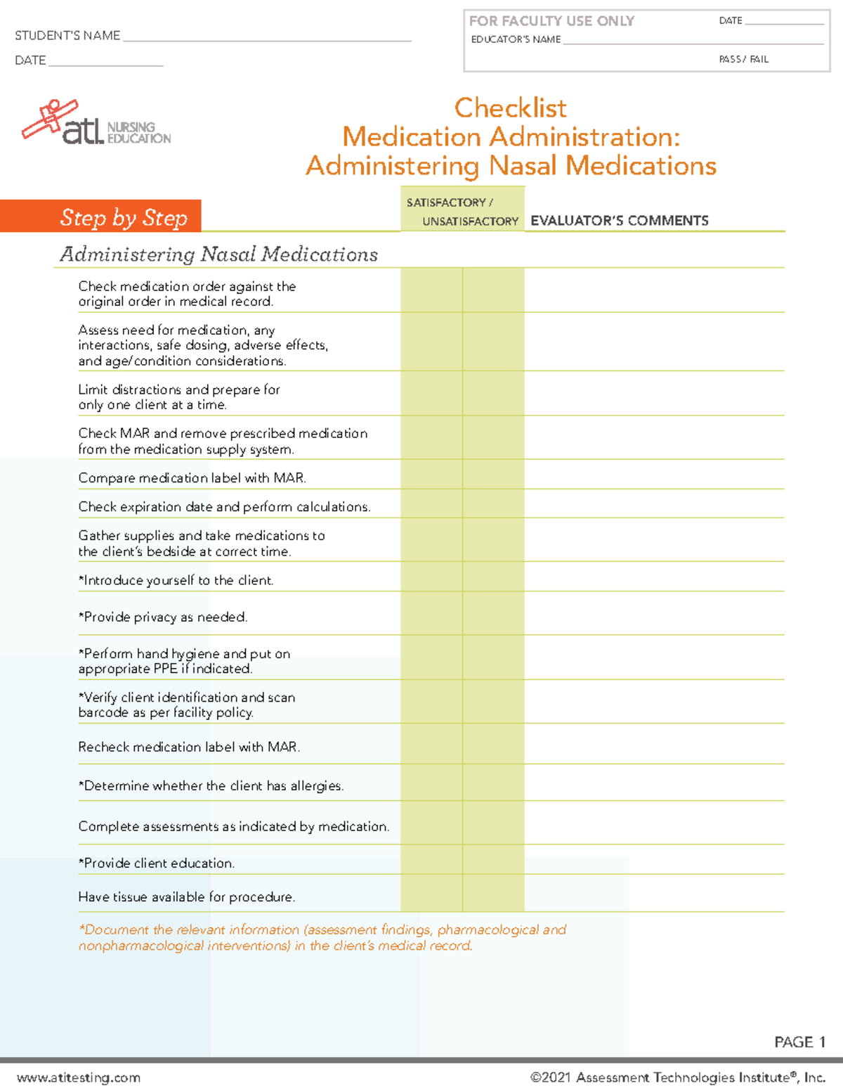 Ati Medication Administration Administering Nasal Medications checklist ...