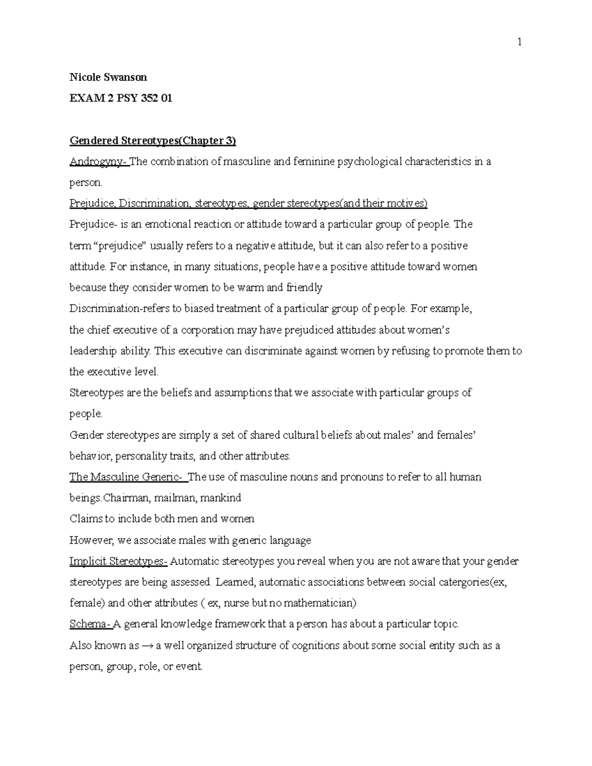 PSY 352 exam 2 review - Nicole Swanson EXAM 2 PSY 352 01 Gendered ...