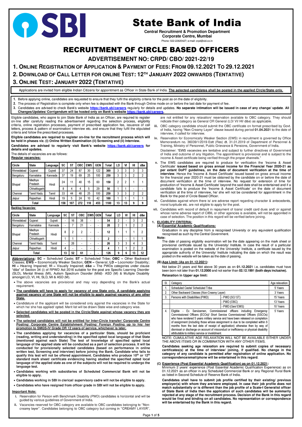081221-CBO-21 Final Detailed Advt ENG - RECRUITMENT OF CIRCLE BASED OFFICERS ADVERTISEMENT NO ...