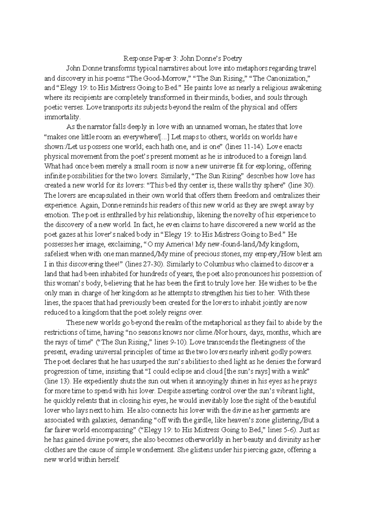 Response Paper 3 - Grade: A - Response Paper 3: John Donne’s Poetry ...