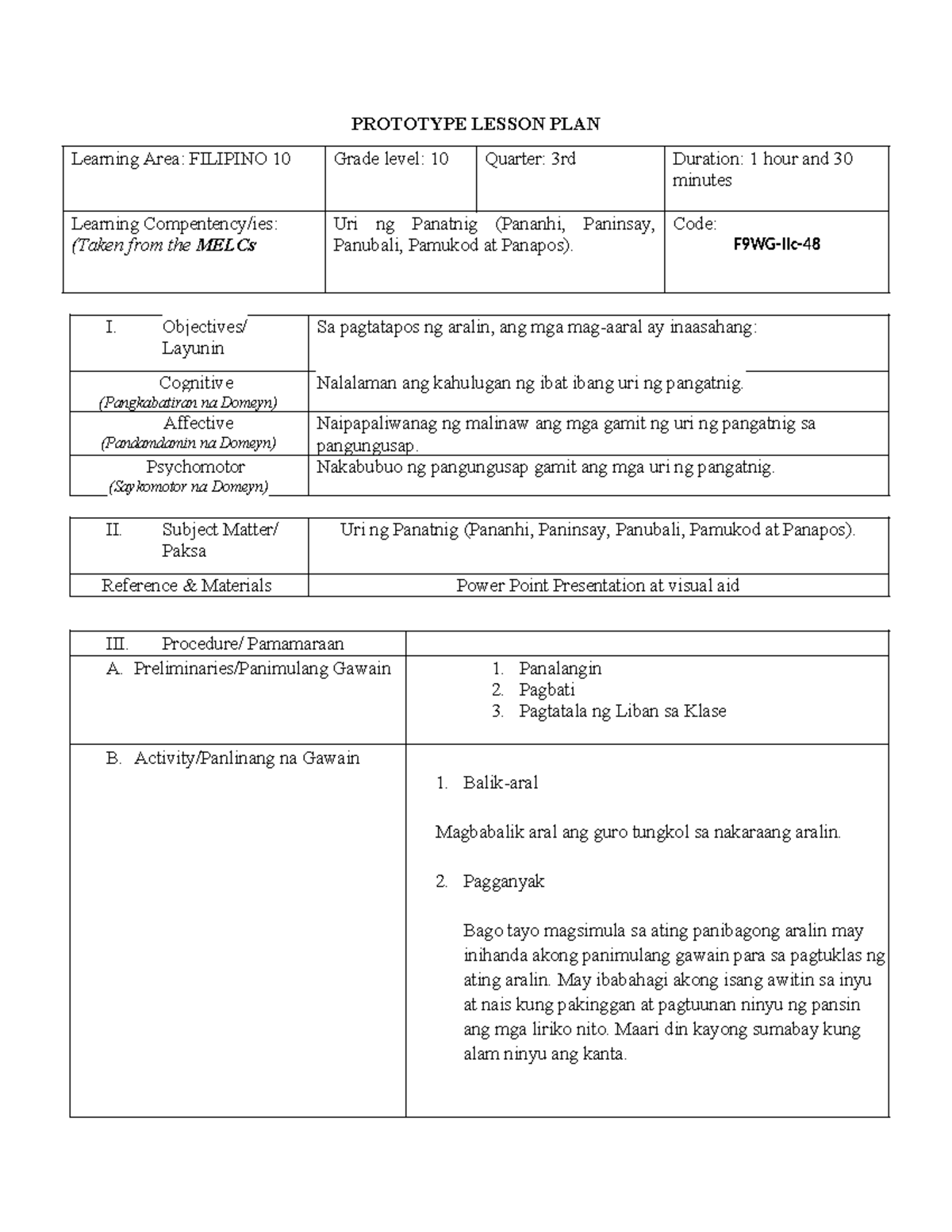 Lesson-Plan-Demo - sample lesson plan - PROTOTYPE LESSON PLAN Learning ...