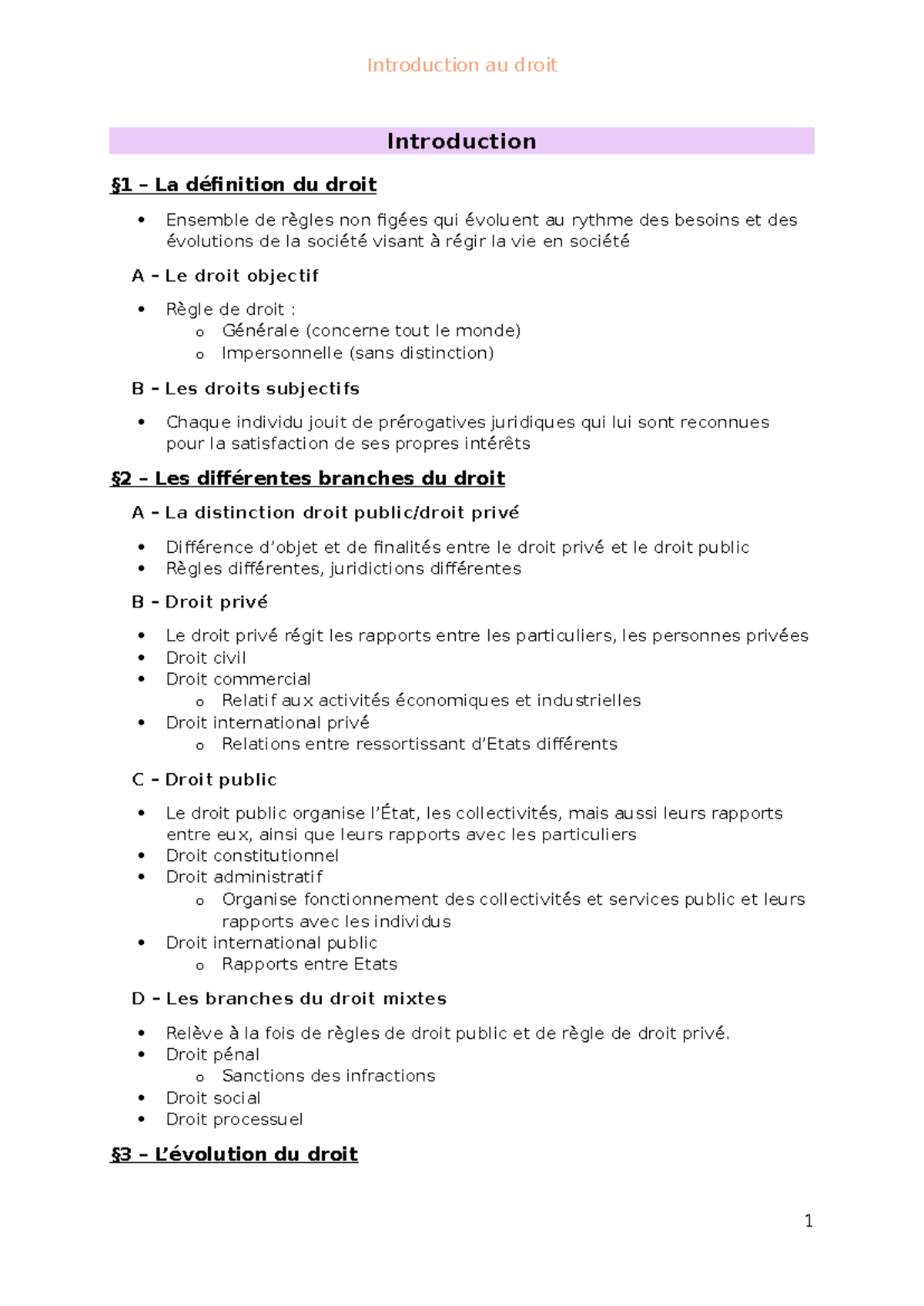 Introduction cours - Introduction §1 – La définition du droit Ensemble de règles non figées qui ...