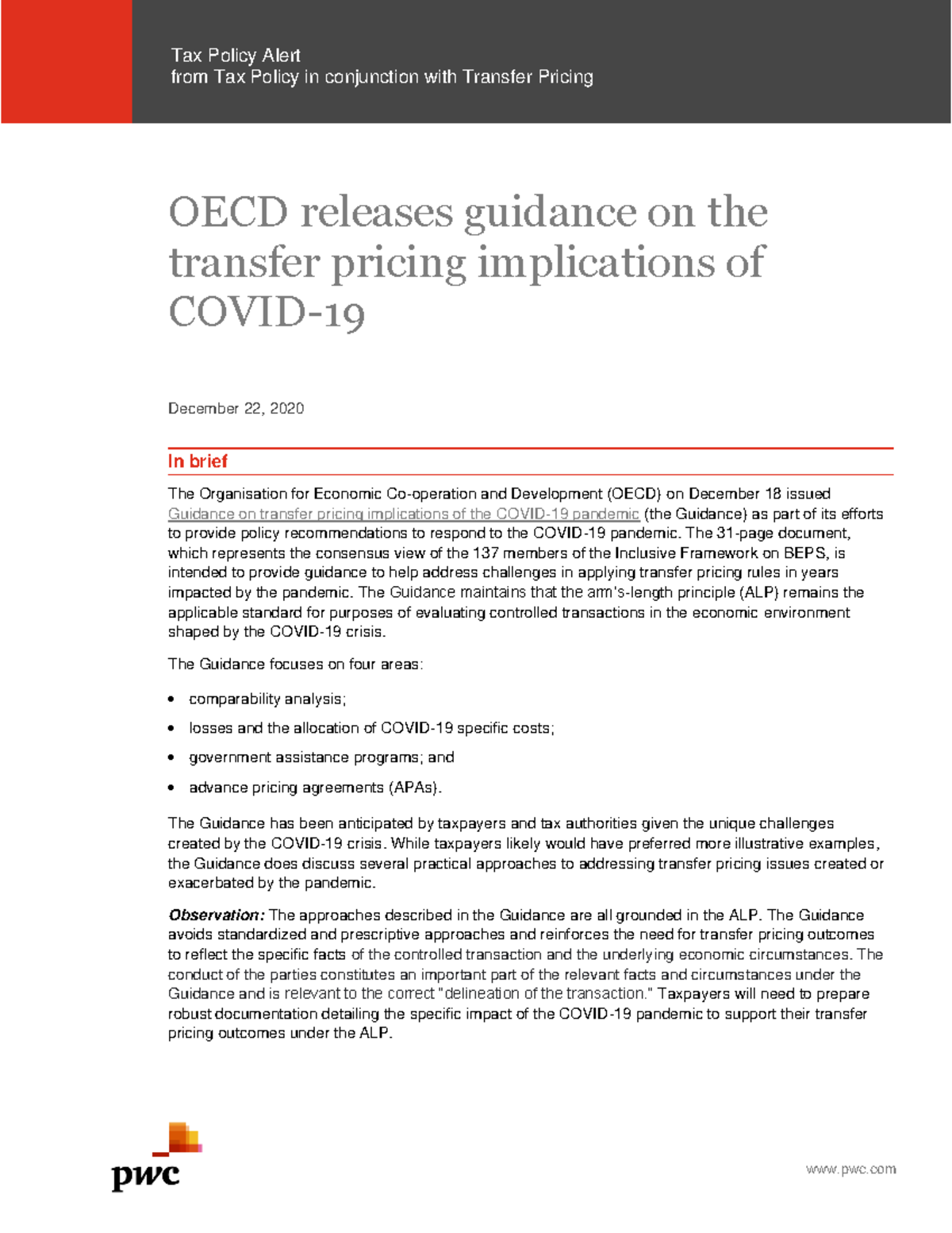 Pwc oecd issues covid 19 tp guidance - pwc from Tax Policy in ...
