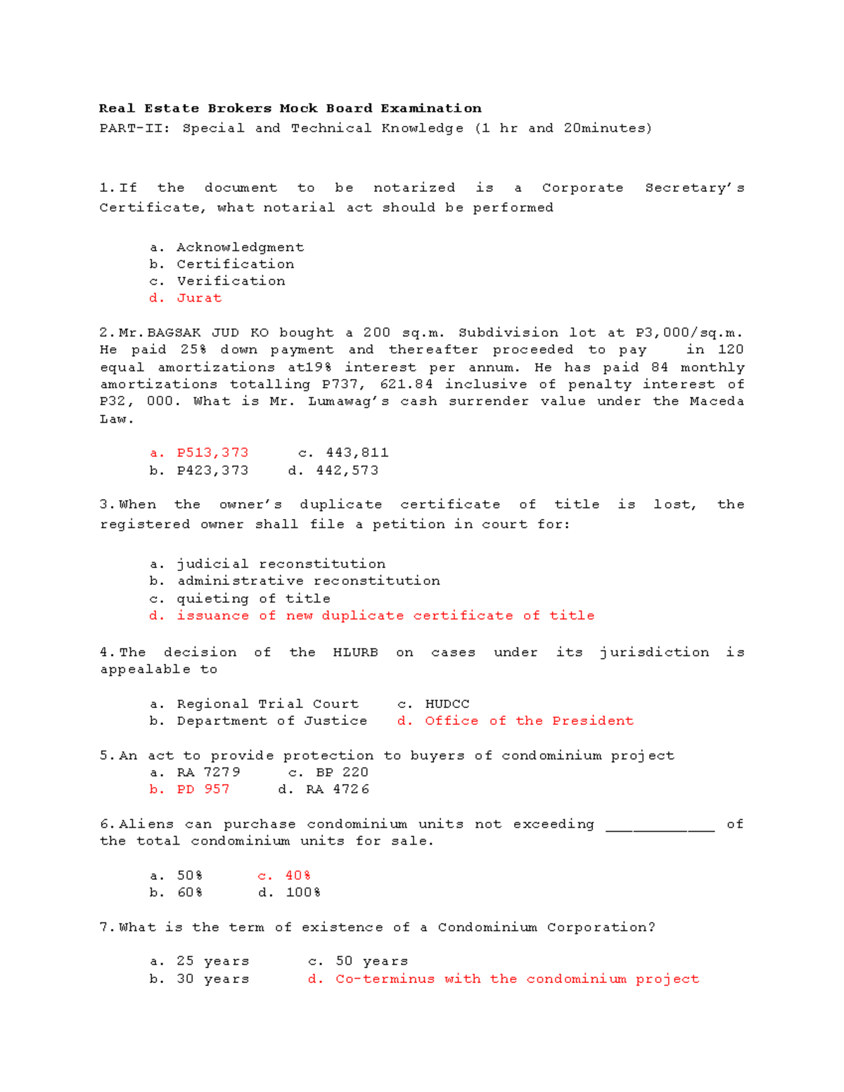 Mock board exam-ii-with-answer - Real Estate Brokers Mock Board ...