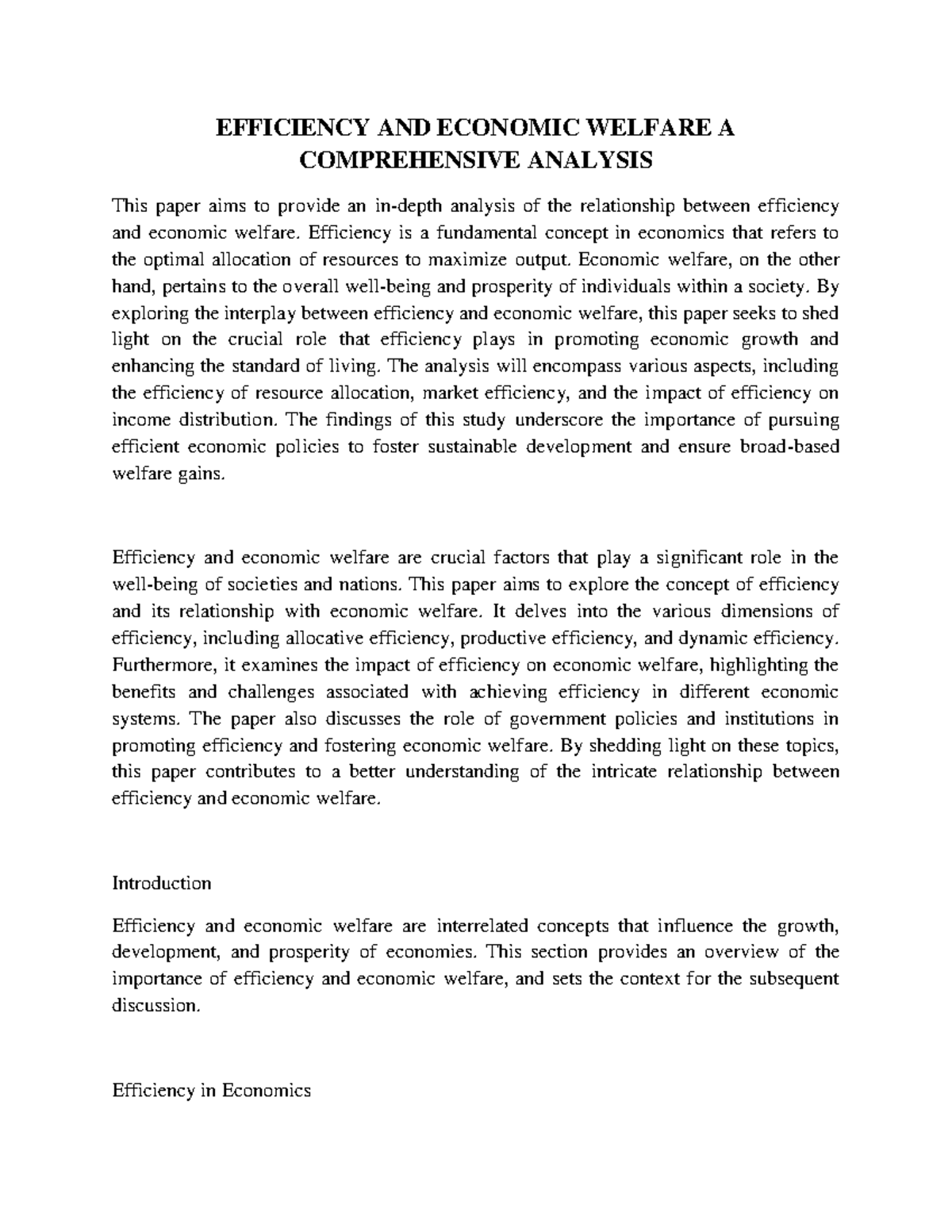 Efficiency AND Economic Welfare A Comprehensive Analysis - EFFICIENCY ...