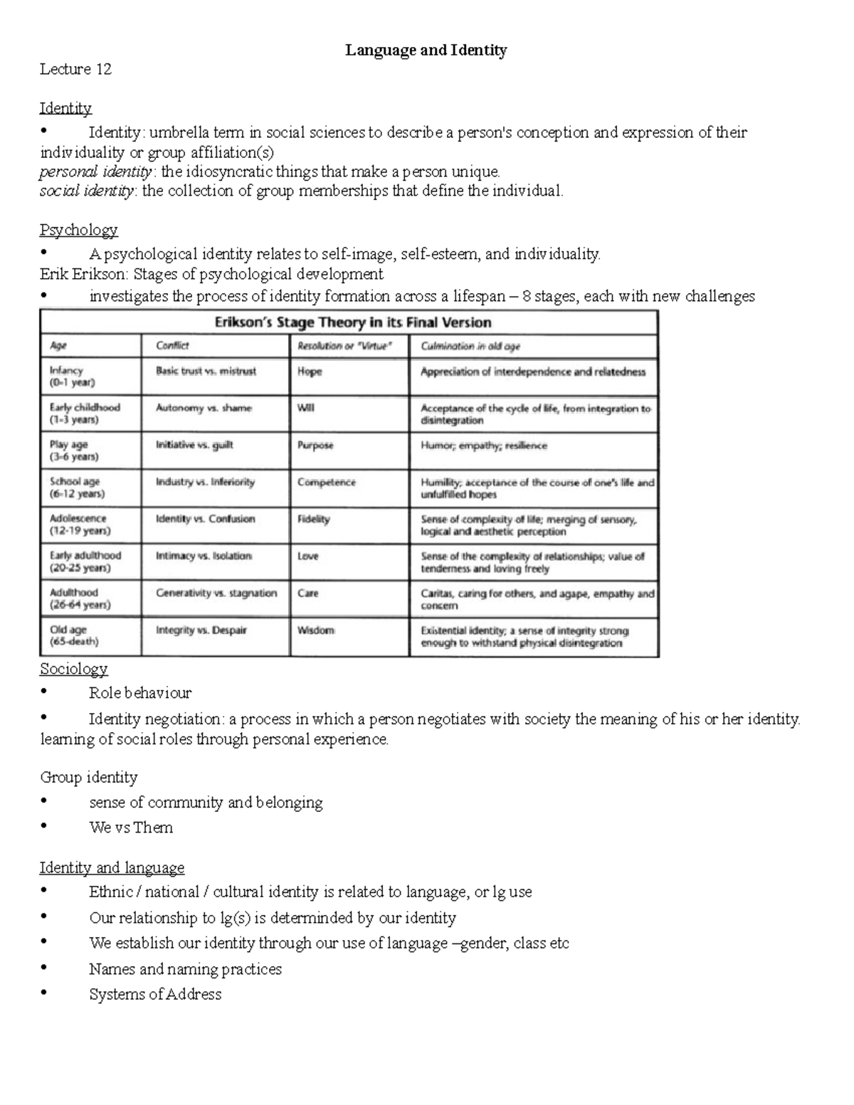 Notes Lecture 12 Language and identity - Language and Identity Lecture ...