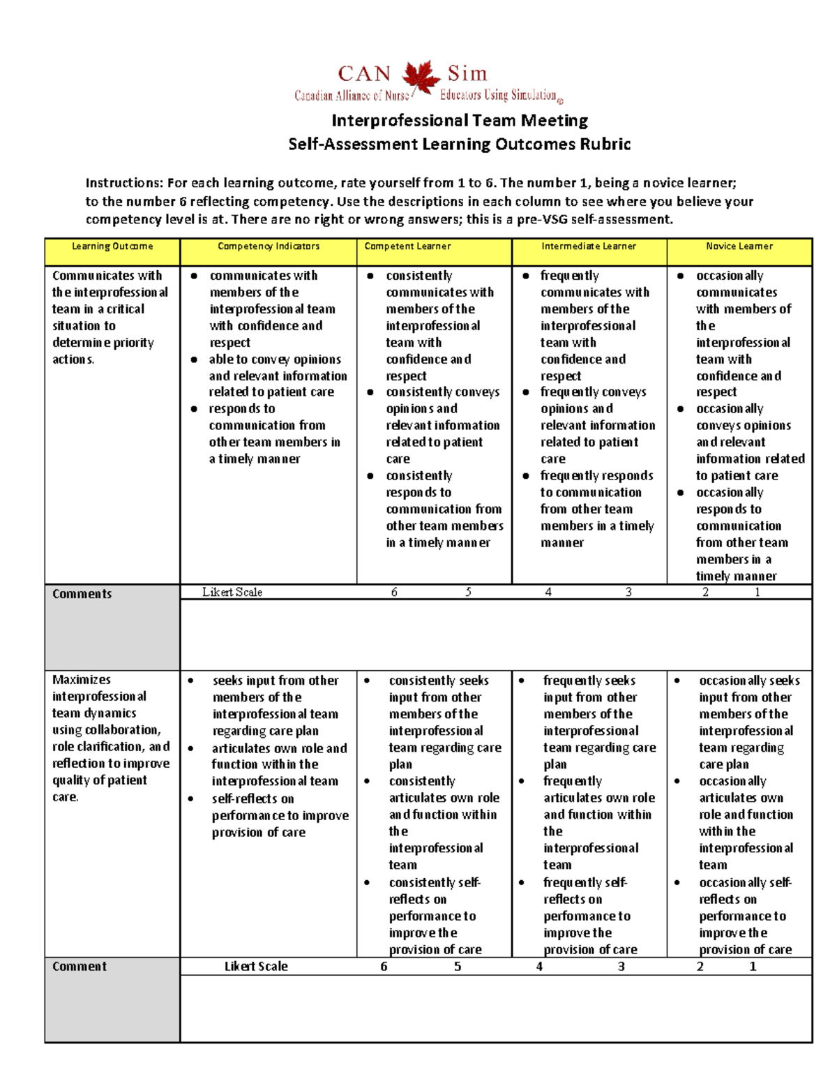 Interprofessional Team Meeting Self-Assessment Rubric ...