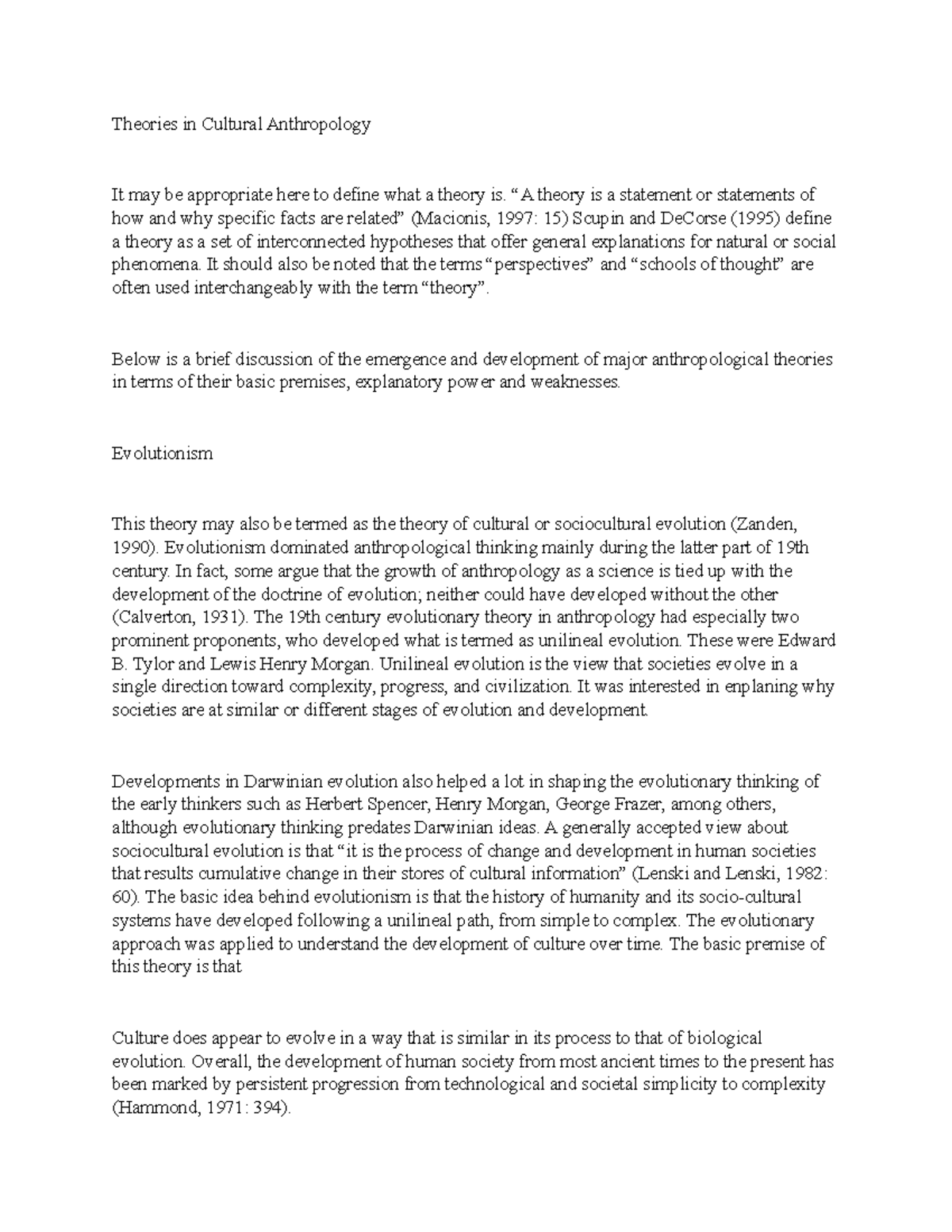 CA 3 - These are lecture notes for cultural anthropology. - Theories in ...