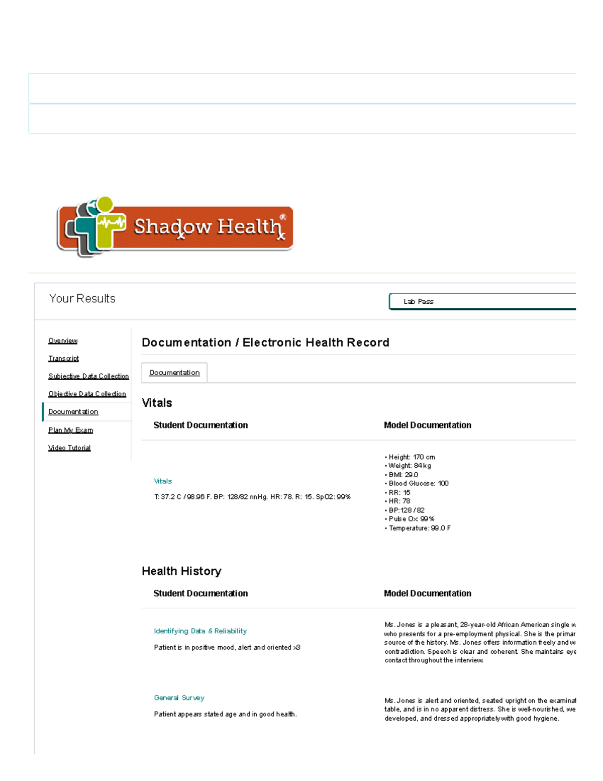Shadow Health Tina Jones Comprehensive Results Documentation Results ...