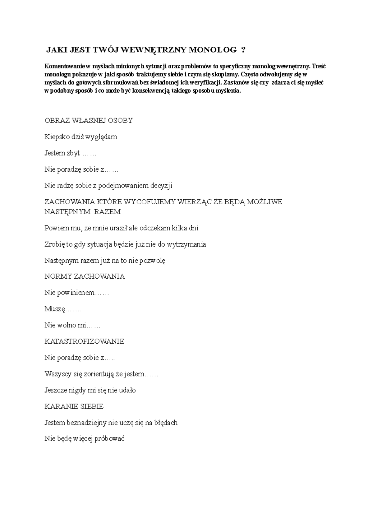 Jaki jest twój monolog wewnętrzny - JAKI JEST TWÓJ WEWNĘTRZNY MONOLOG ...