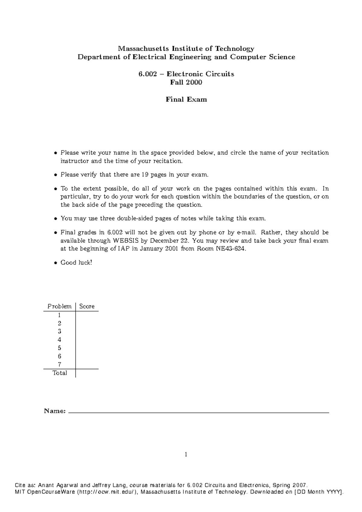 Exam 2000, questions - Massachusetts Institute of Technology Department ...