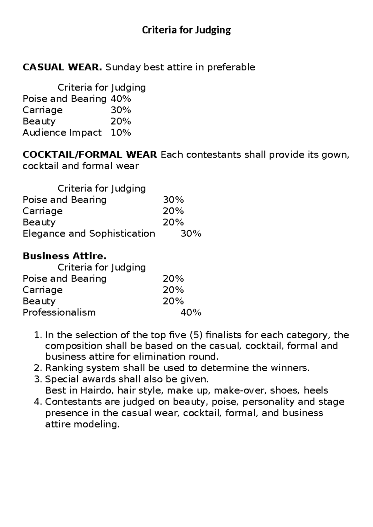 Criteria For Judging Criteria For Judging CASUAL WEAR Sunday Best