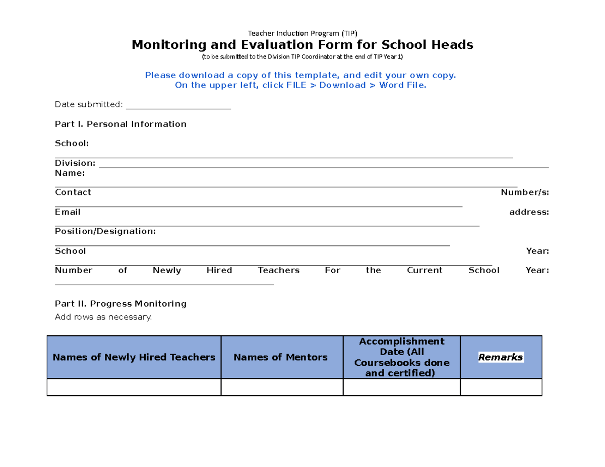 TIP IPBT-M E-Form-for-School-Heads - Monitoring and Evaluation Form for ...