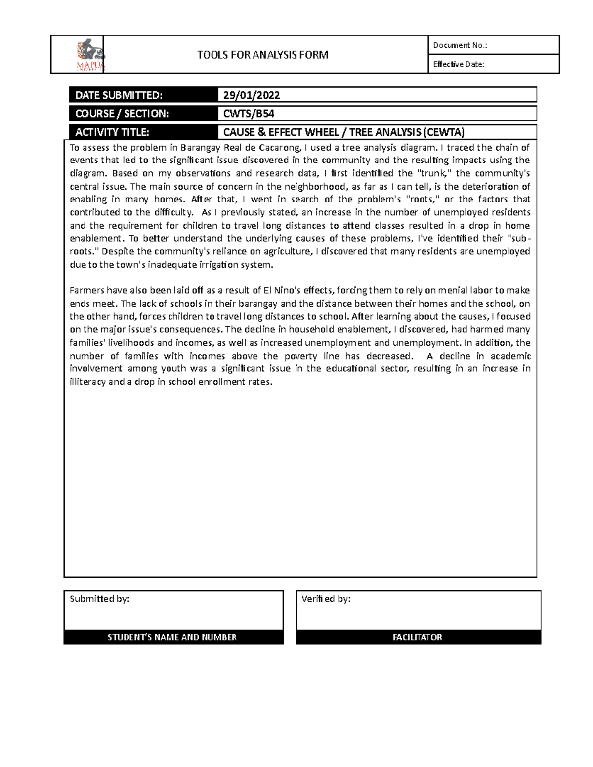 Form - CWTS101 Tools for Analysis cewta - TOOLS FOR ANALYSIS FORM ...