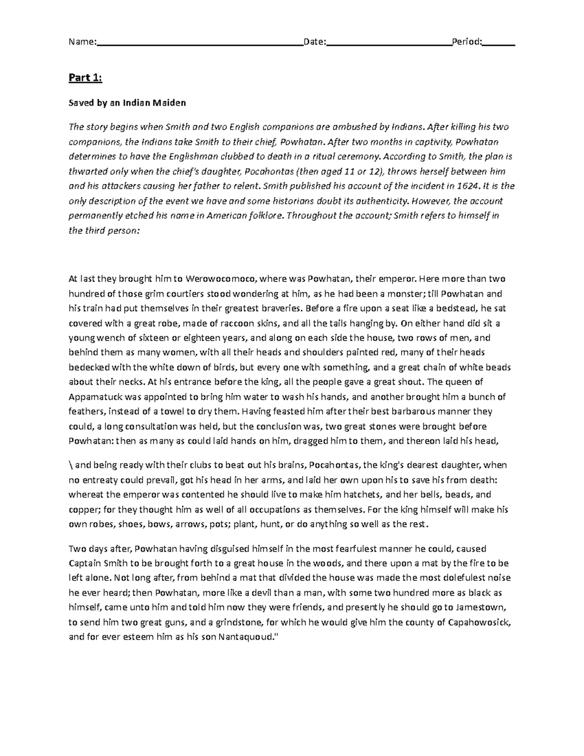 Mads Garman US1 Unit 1 Classwork 1 - Part 1: Saved by an Indian Maiden ...