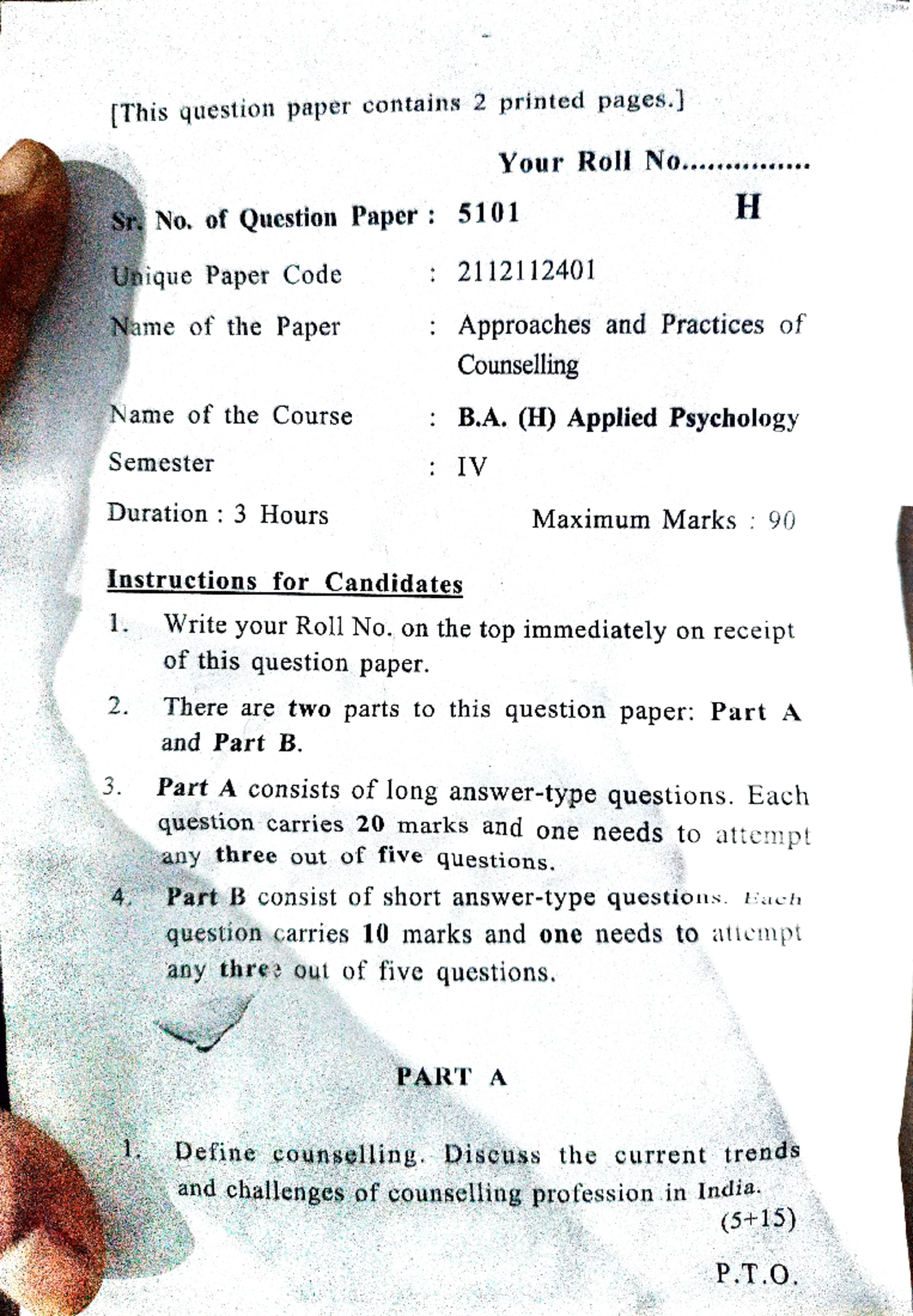 Counselling Psychology - [This question paper contains 2 printed pages ...