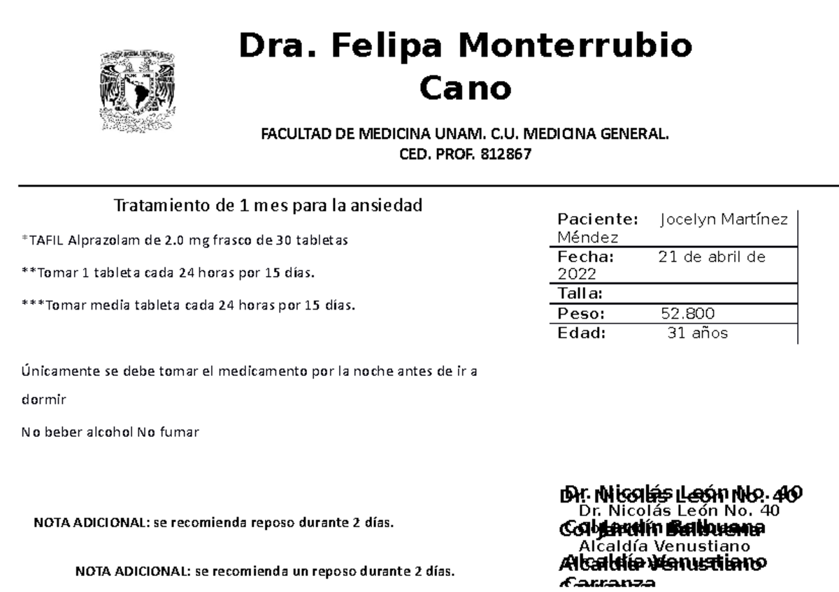 Receta - Dra. Felipa Monterrubio Cano FACULTAD DE MEDICINA UNAM. C ...