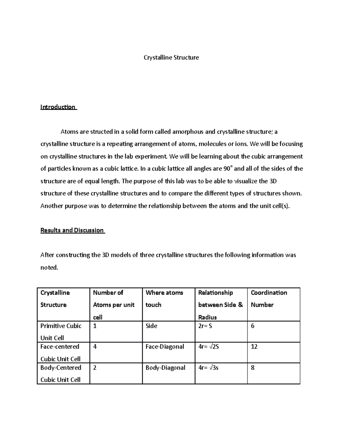 Crystalline Structure Report - Crystalline Structure Introduction Atoms ...