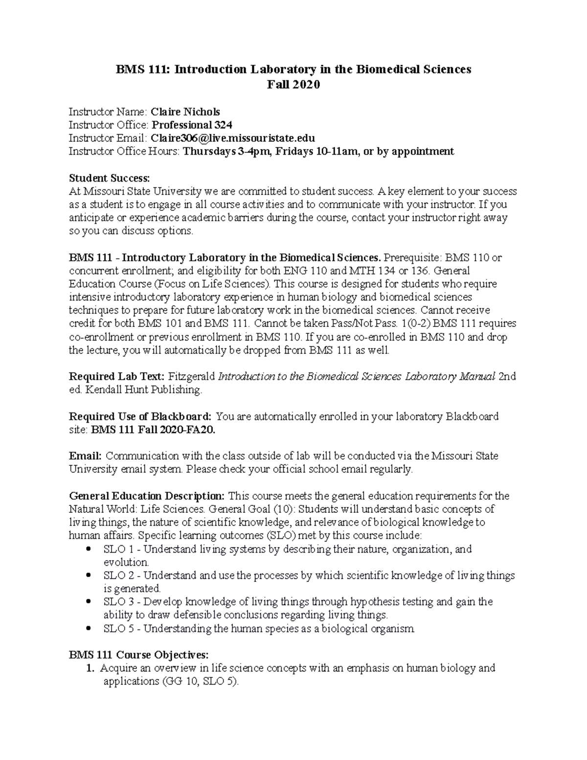 BMS 111 Fall 20 Syllabus - BMS 111: Introduction Laboratory in the ...