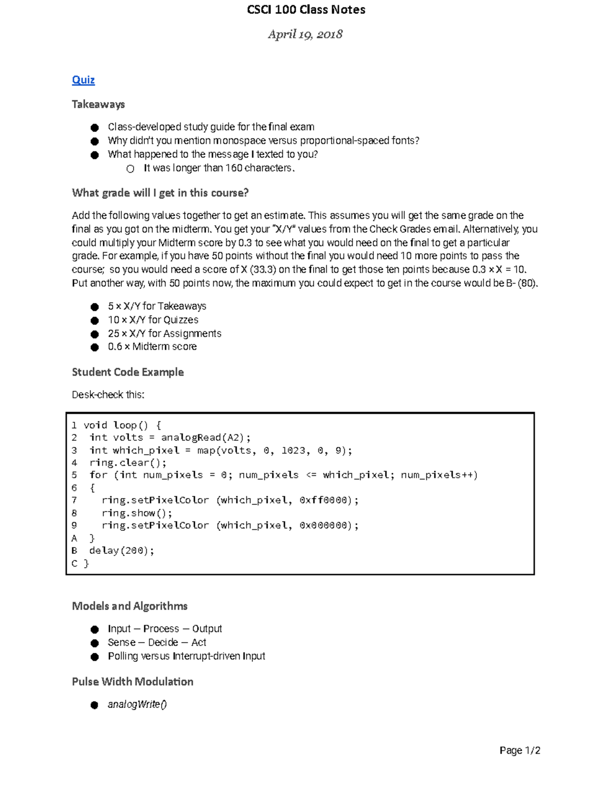 2018-04-19 Class Notes - CSCI 100 Class Notes April 19, 2018 Quiz ...