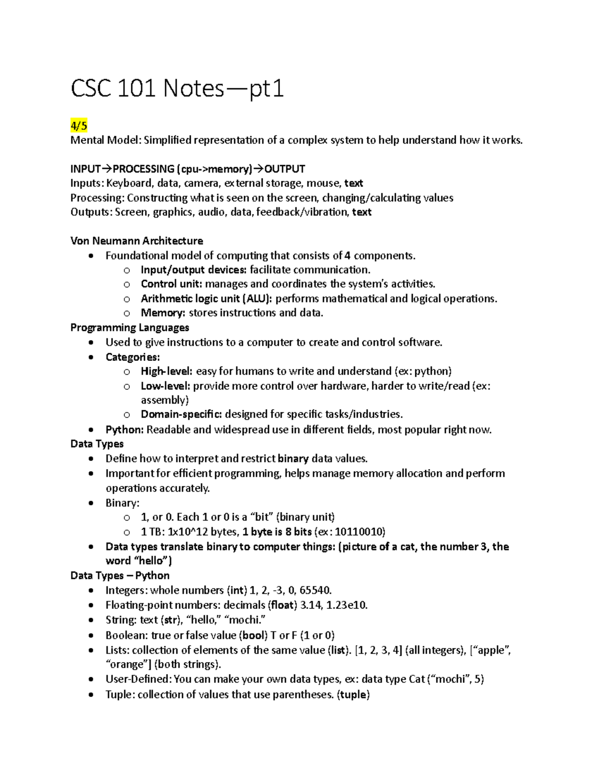 Csc101pt1 - Notes from in-class lecture slides with Rivera, pt1. - CSC ...