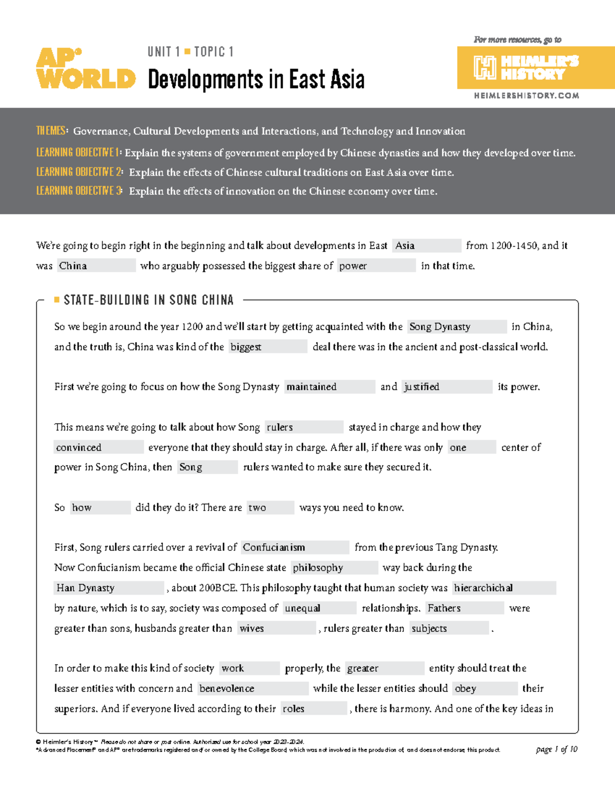 AP World Unit 1 Topic 1 Noteguide Answer Key - Developments in East ...