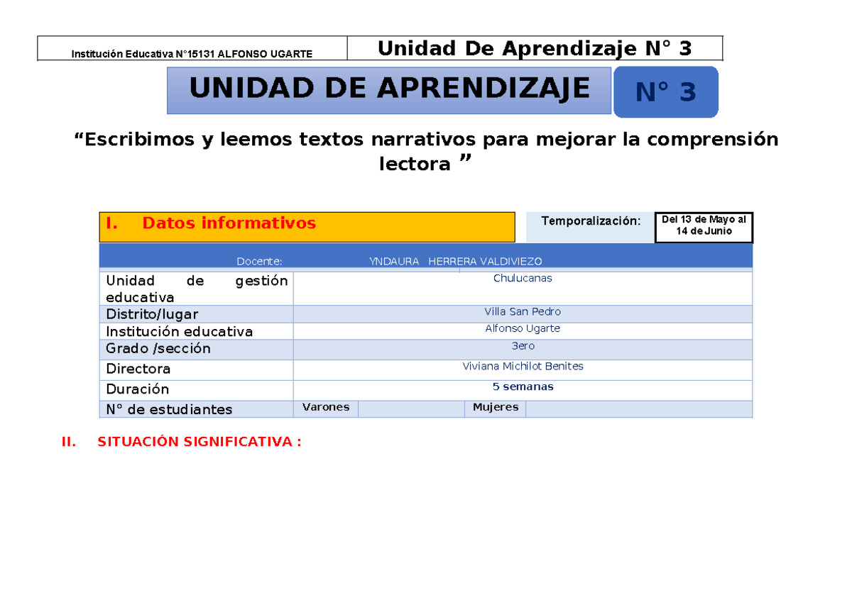 Unidad DE Aprendizaje N°03 - N° 3 “Escribimos y leemos textos narrativos para mejorar la ...