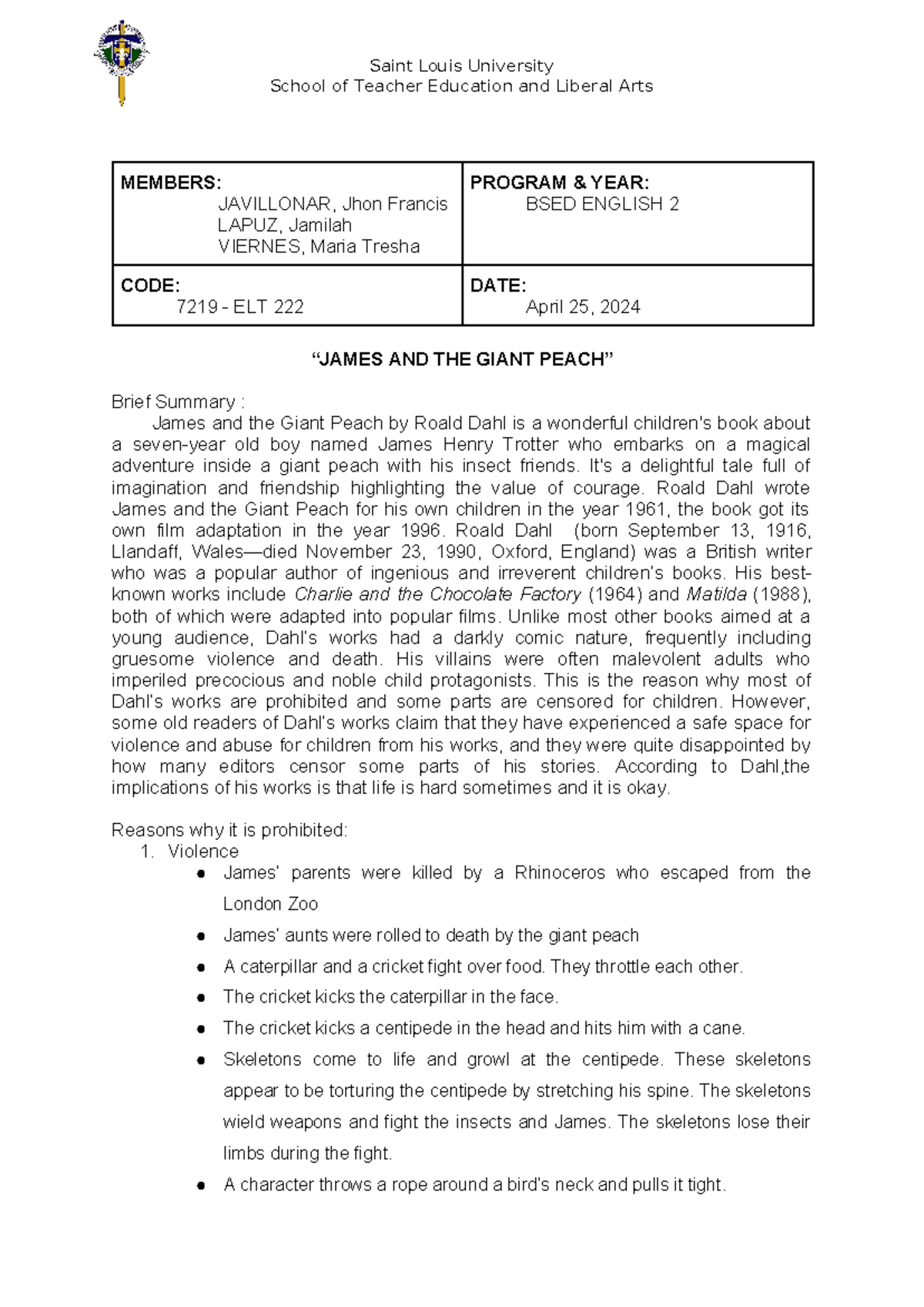 James THE Giant Peach - Single - Saint Louis University School of ...