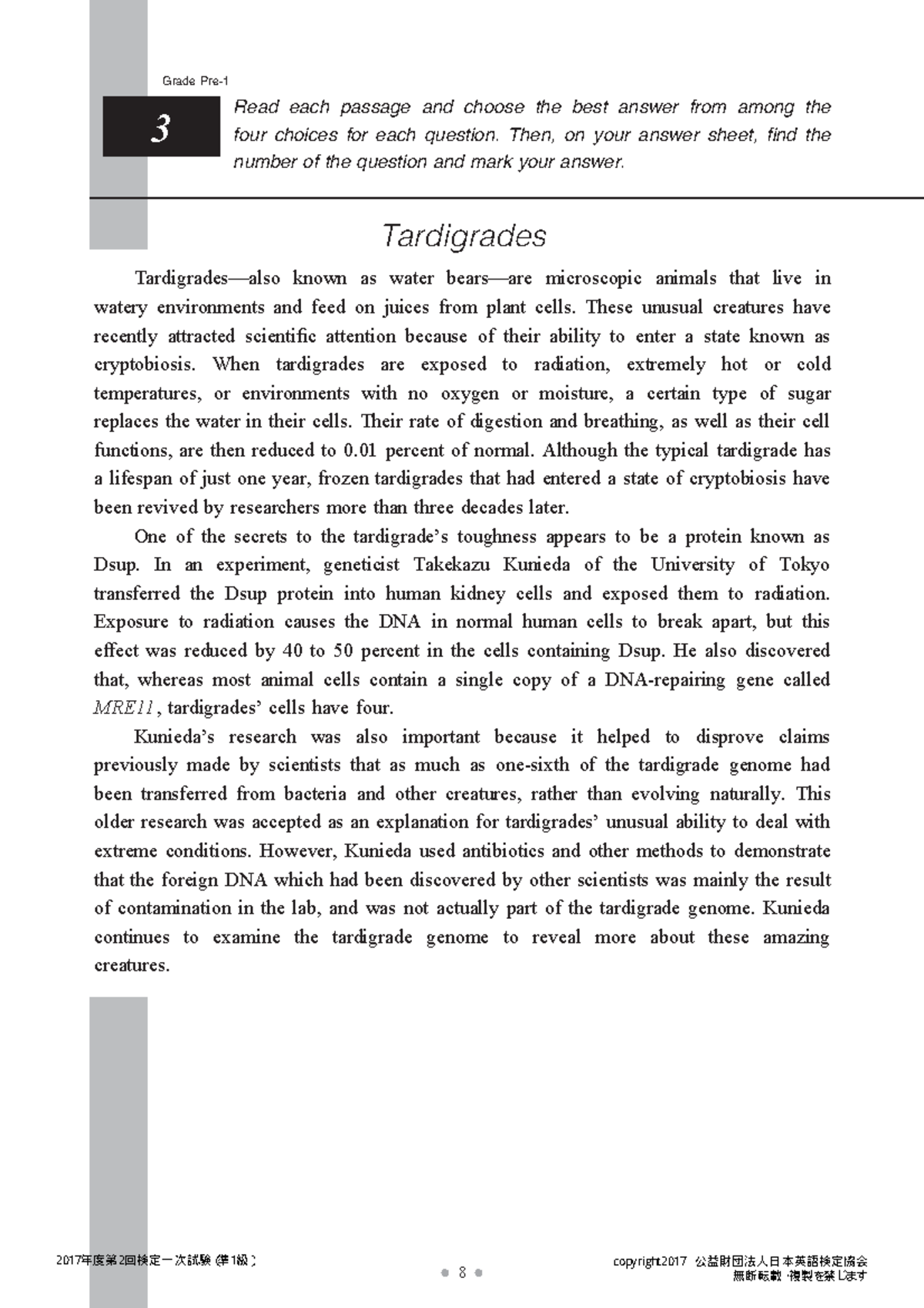 Reading section - Administración - Grade Pre- Tardigrades Tardigrades ...