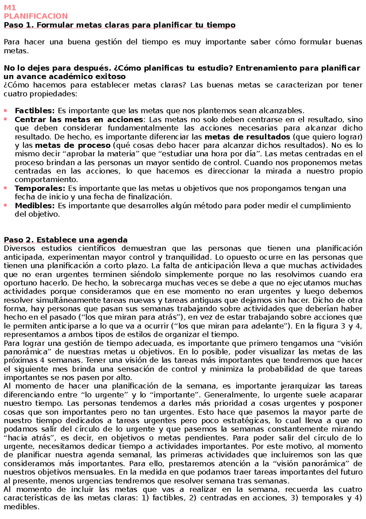 Resumen de M1 y M2 Aprender en la siglo 21 - M PLANIFICACION Paso 1. Formular metas claras para ...