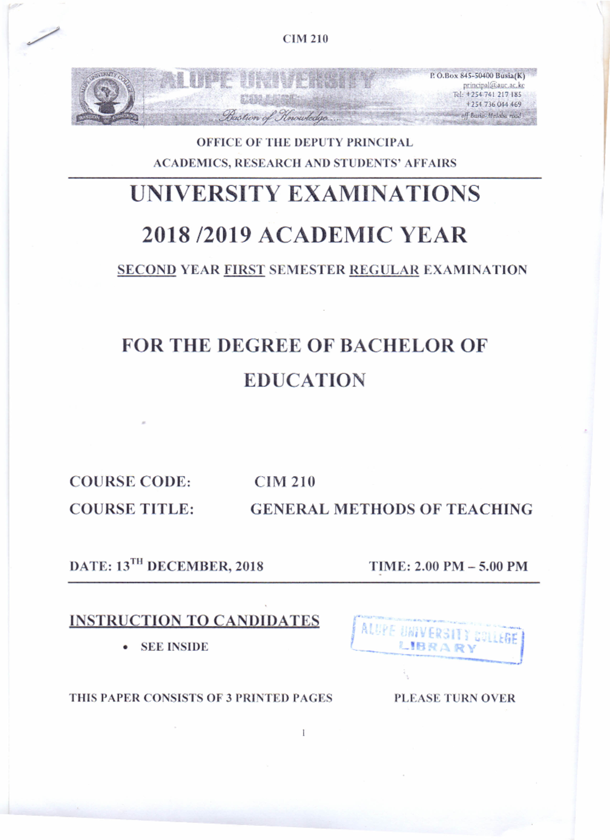 CIM 210 General Methods OF Teaching - CIM 210 P. O 845-50400 Busia(K) princip(ci:,Juc .• c. kc ...