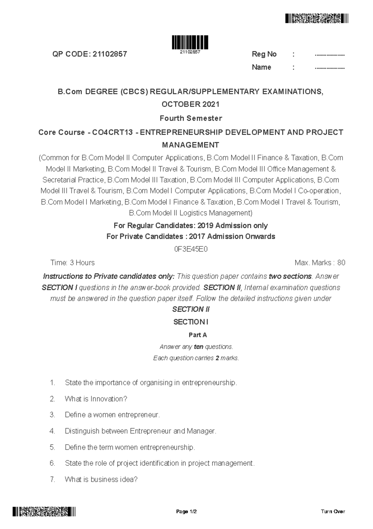 Entrepreneurship development and project management - QP CODE: 21102857 Reg No : - Studocu