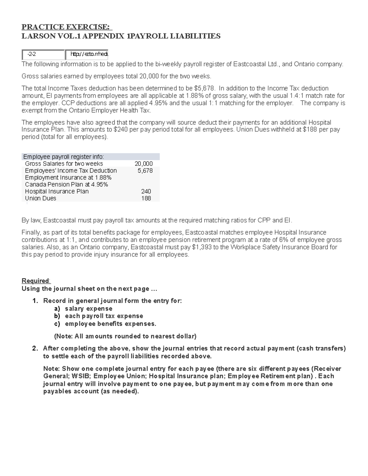 Practice Exercise WITH Answer - Payroll Liabilities - PRACTICE EXERCISE ...