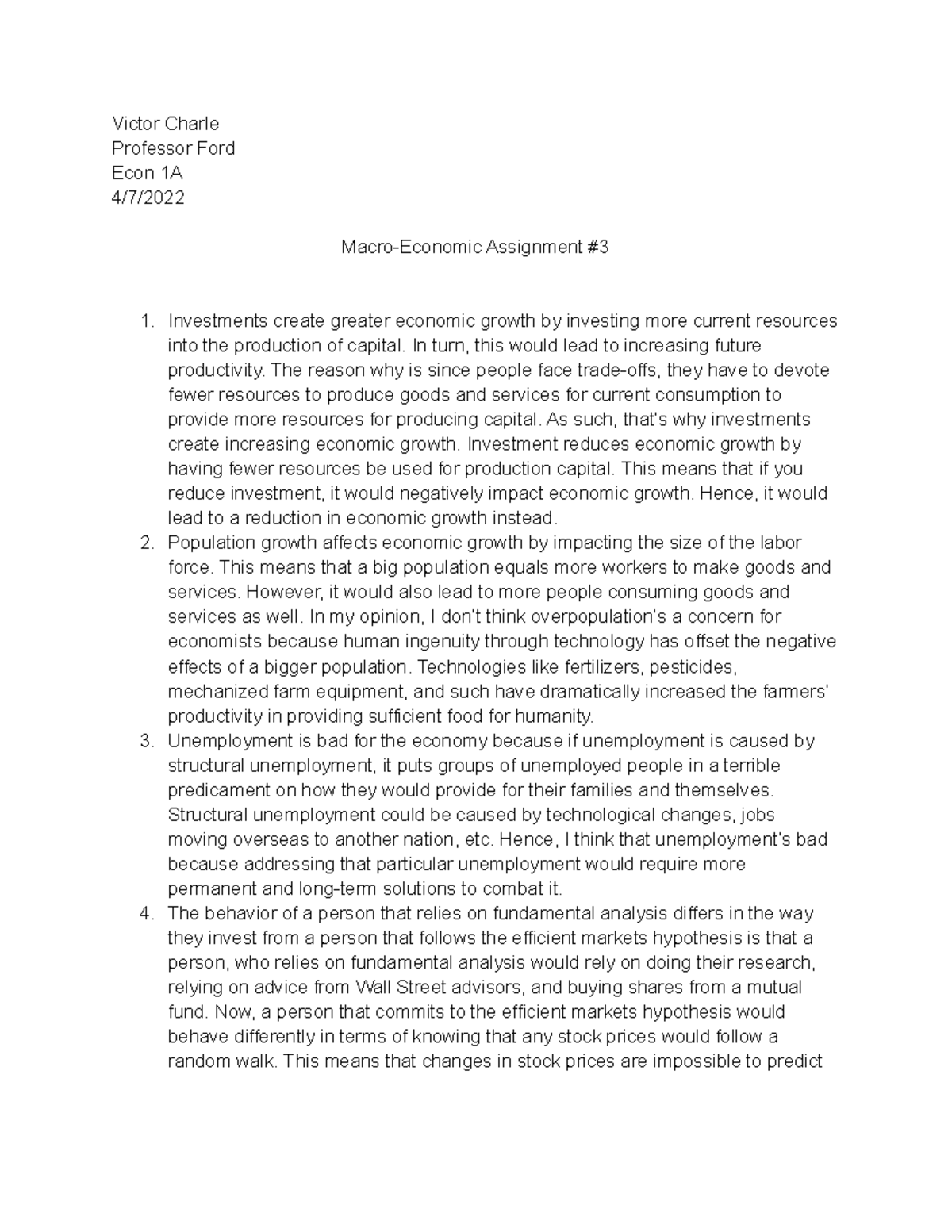 Econ 1A Assignment #3 - Victor Charle Professor Ford Econ 1A 4/7/ Macro ...