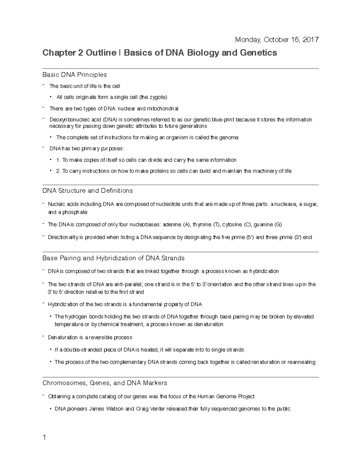 Chapter 2 Outline - Chapter 2 Outline | Basics of DNA Biology and ...