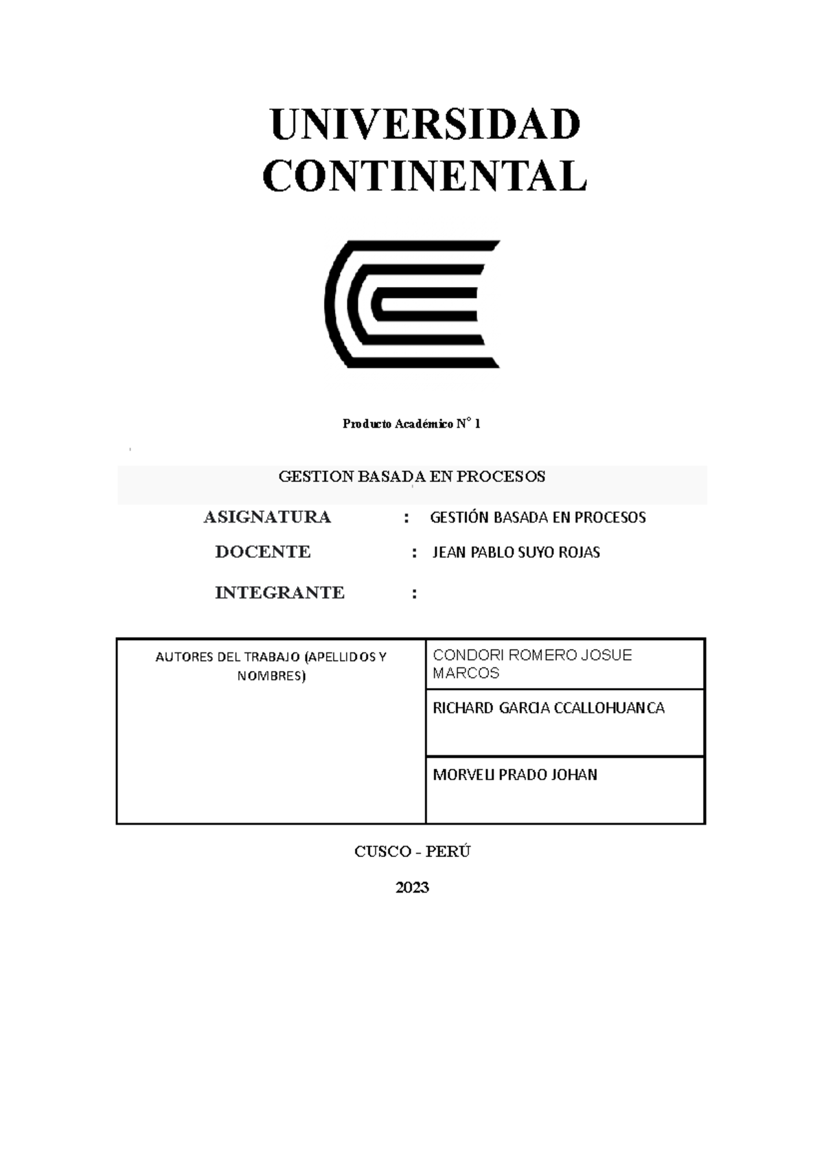 Procesos UC PA 1 - UNIVERSIDAD CONTINENTAL Producto Académico N° 1 ...