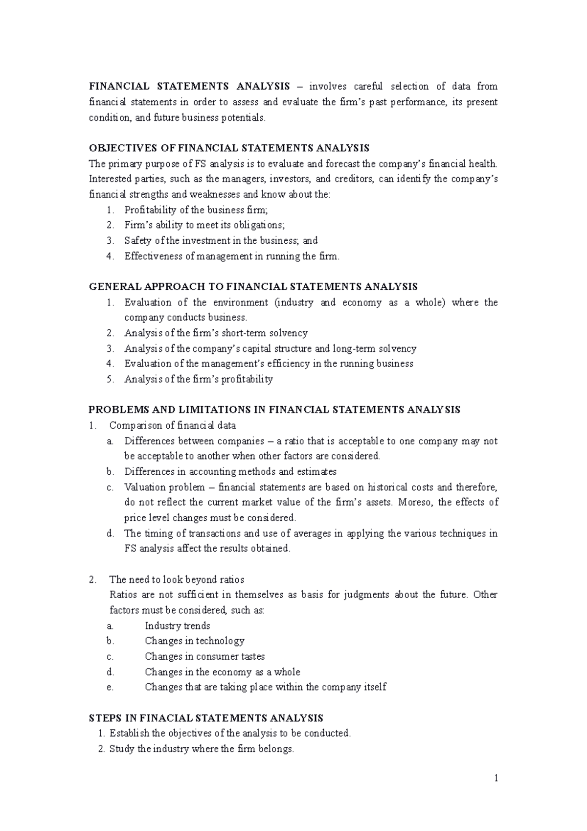 Financial Statement Analysis Notes - FINANCIAL STATEMENTS ANALYSIS ...